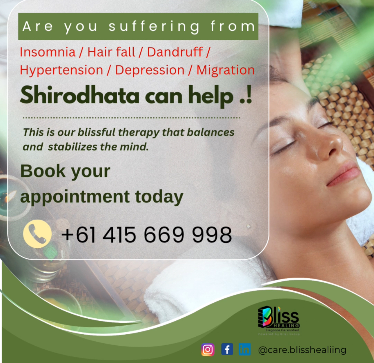 Shirodhara for Insomnia, Hair Fall & Stress Relief in Melbourn